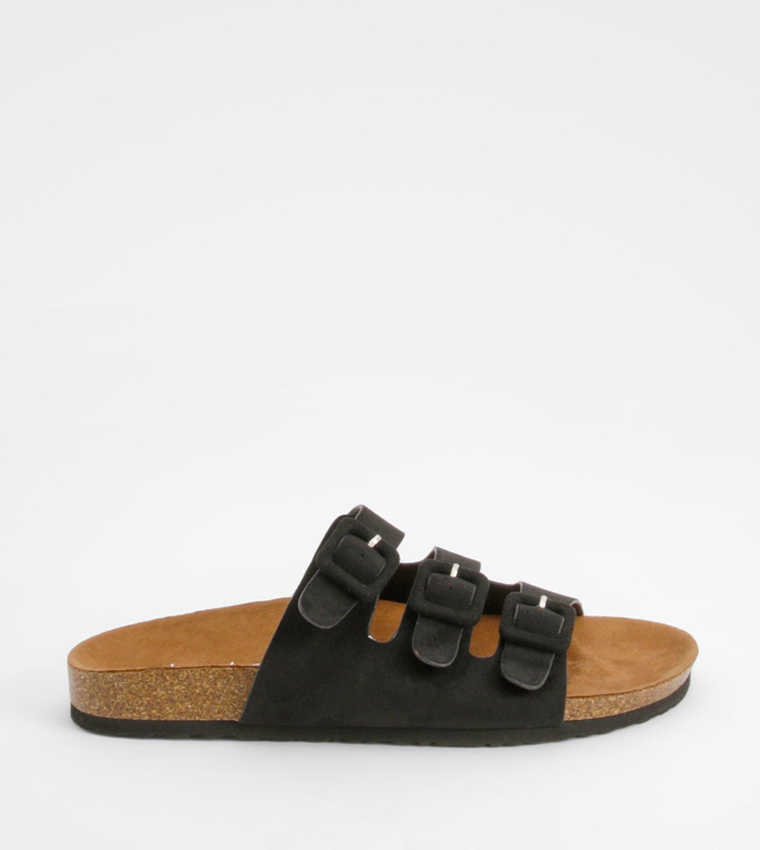 Buy Boohoo Wide Fit Triple Strap Footbed Sliders In Black | 6thStreet UAE