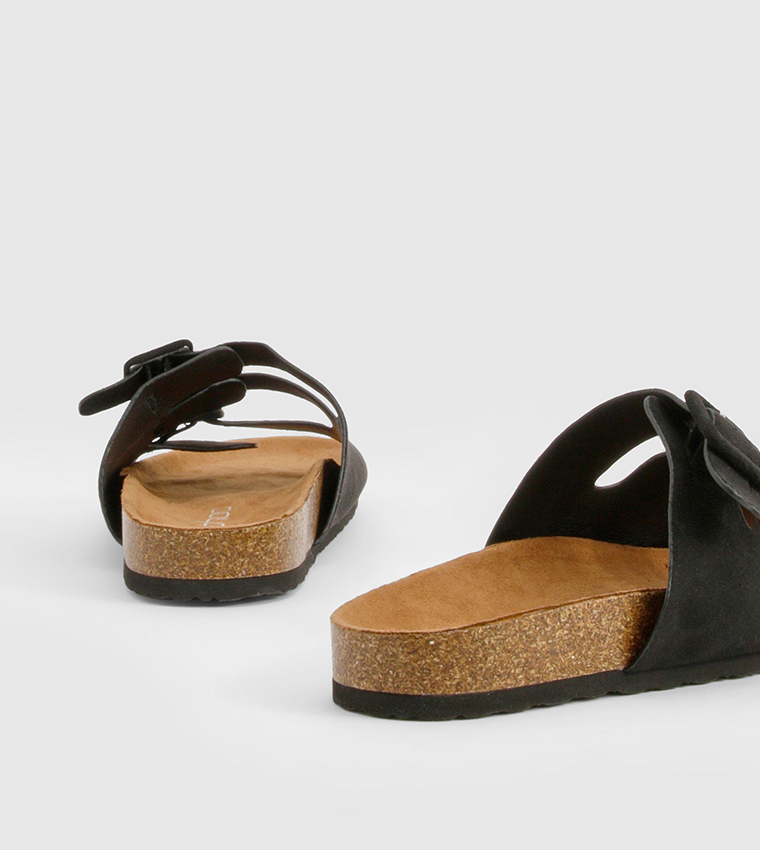 Buy Boohoo Wide Fit Triple Strap Footbed Sliders In Black | 6thStreet UAE