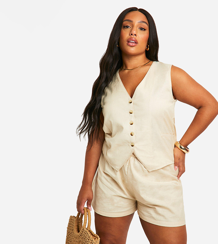 Buy Boohoo Curve Linen Blend Waistcoat In Beige | 6thStreet Kuwait