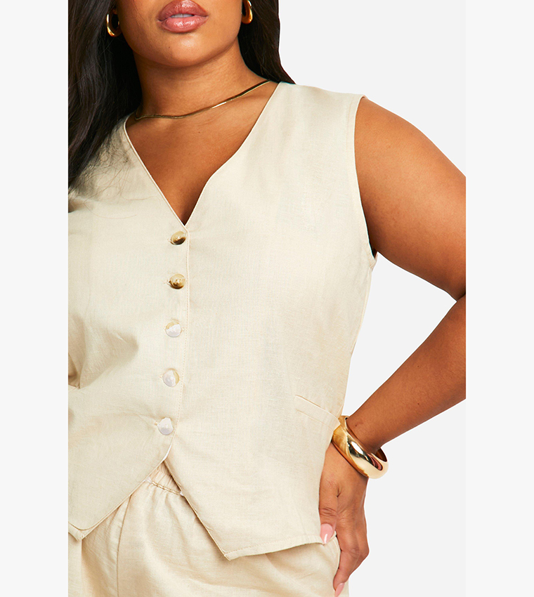 Buy Boohoo Curve Linen Blend Waistcoat In Beige | 6thStreet Kuwait