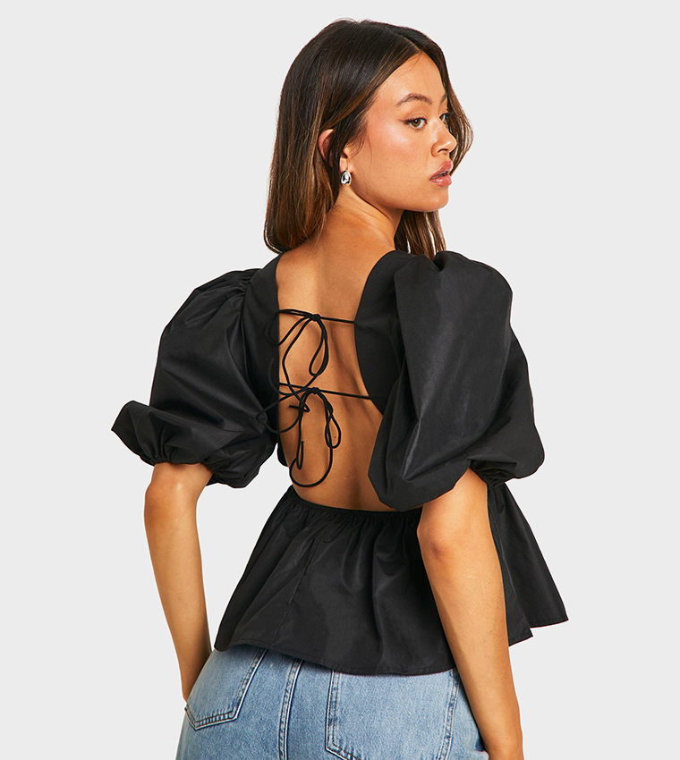 Buy Boohoo Tall Volume Sleeves Strappy Back Top In Black | 6thStreet Qatar