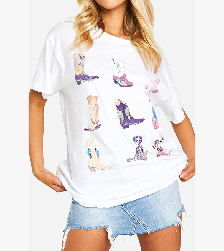 Buy Boohoo Multi Cowboy Boot Oversized T Shirt In White | 6thStreet UAE