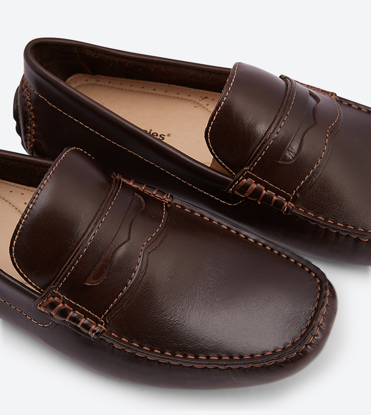 Buy Hush Puppies Lucas Penny Square Toe Stitch Details Loafers Brown In ...