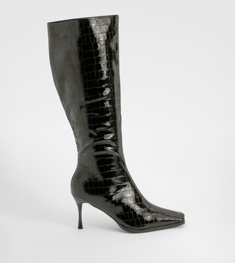 Buy Boohoo Shiny Croc Textured Heeled Calf High Boots In Black ...