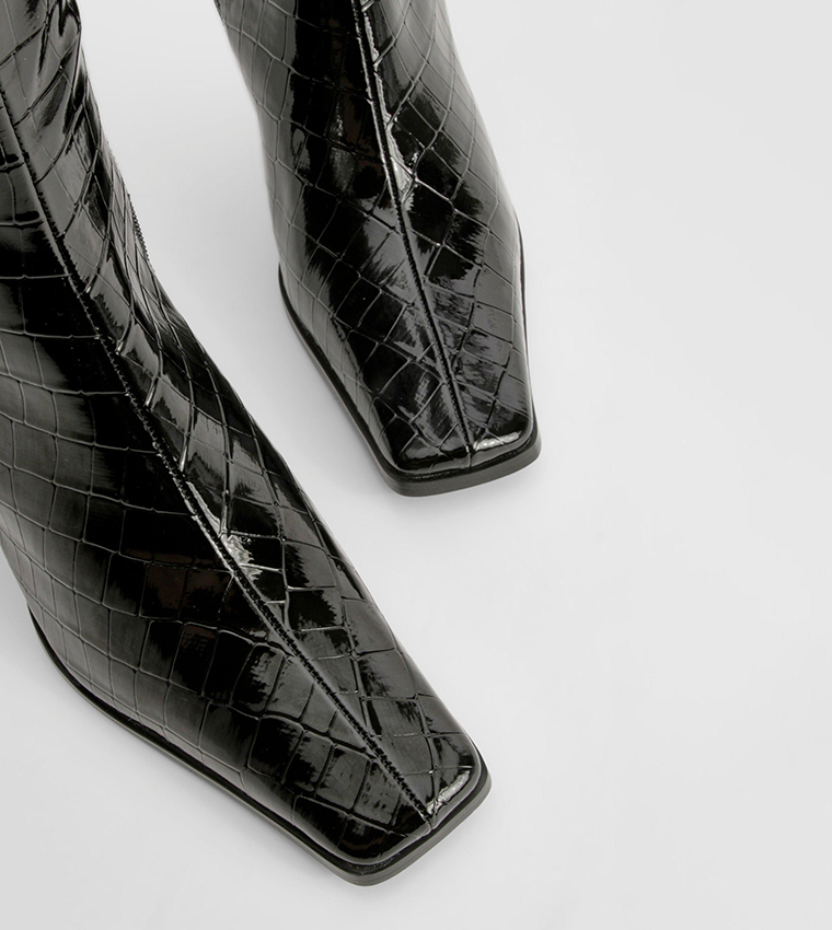 Buy Boohoo Shiny Croc Textured Heeled Calf High Boots In Black ...