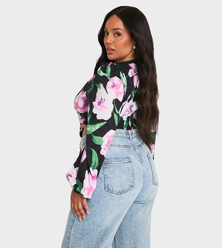 Buy Boohoo Curve Large Floral Print Puff Sleeves Longline Corset Top In ...