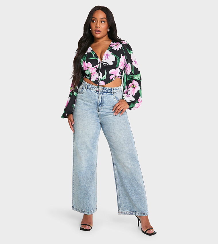 Buy Boohoo Curve Large Floral Print Puff Sleeves Longline Corset Top In ...