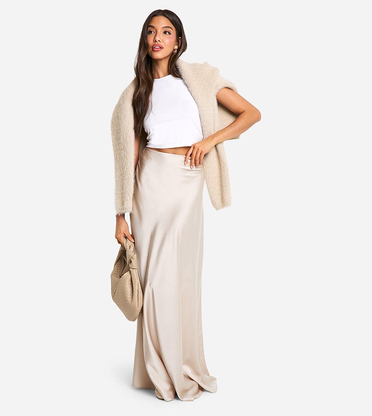 Buy Boohoo High Waist Satin Slip Maxi Skirt In Almond | 6thStreet UAE