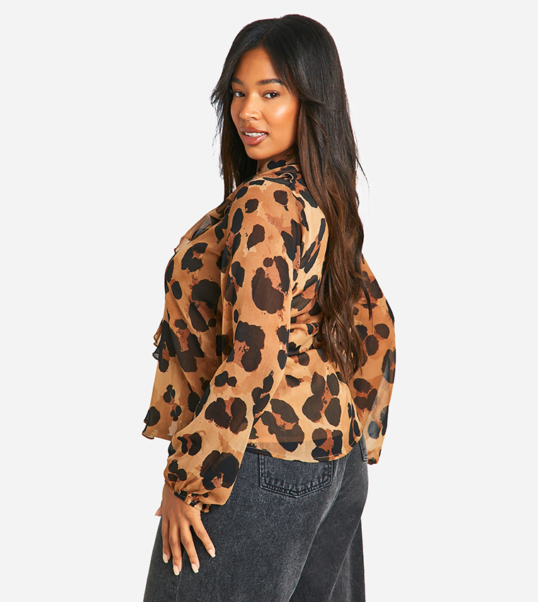 Buy Boohoo Curve Ruffle Tie Front Long Sleeves Top In Brown | 6thStreet ...
