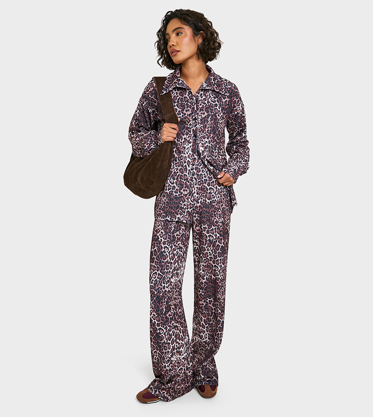 Buy Boohoo Tall Crinkle Leopard Print Shirt And Trouser Co Ord Set In ...