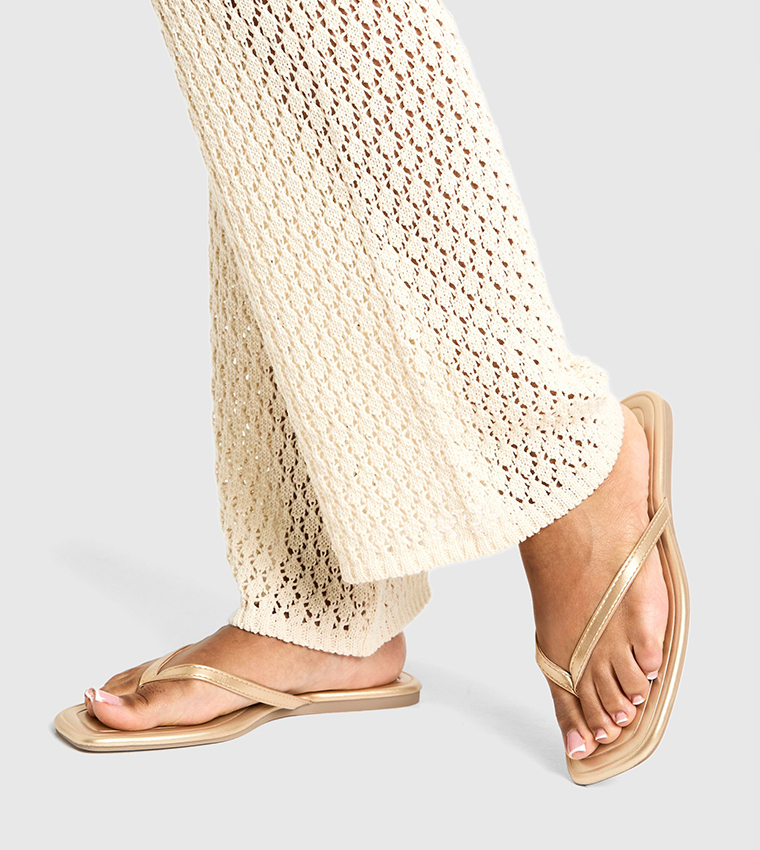 Buy Boohoo Square Toe Flip Flops In Gold | 6thStreet Qatar