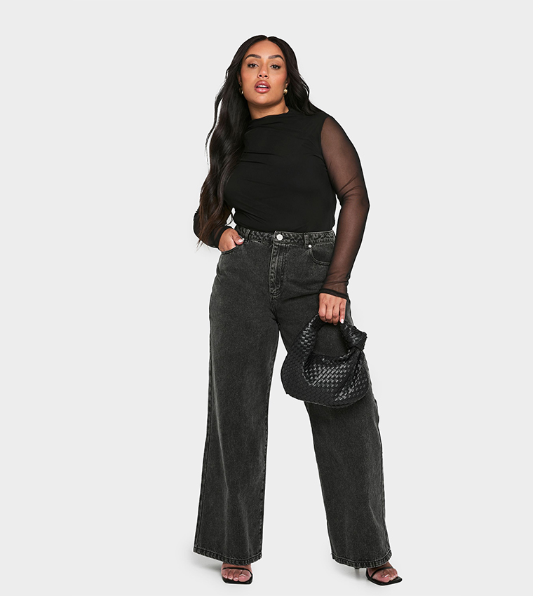 Buy Boohoo Curve Ruched Long Sleeves Mesh Bodysuit In Black | 6thStreet ...