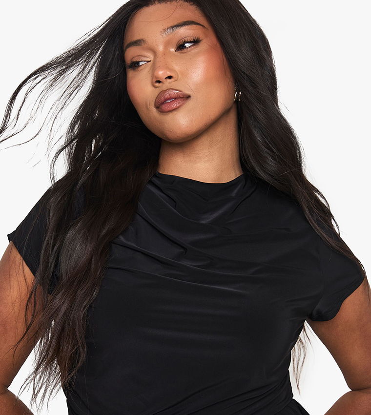Buy Boohoo Curve Fabric Mix Draped Skater Dress In Black | 6thStreet UAE