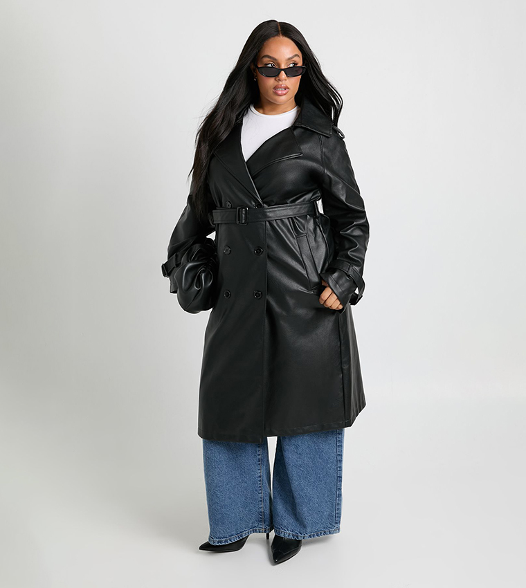 Buy Boohoo Curve Double Breasted Trench Coat In Black | 6thStreet UAE