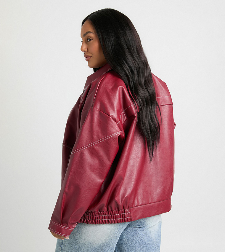 Buy Boohoo Curve Faux Fur Leather Jacket In Red | 6thStreet UAE