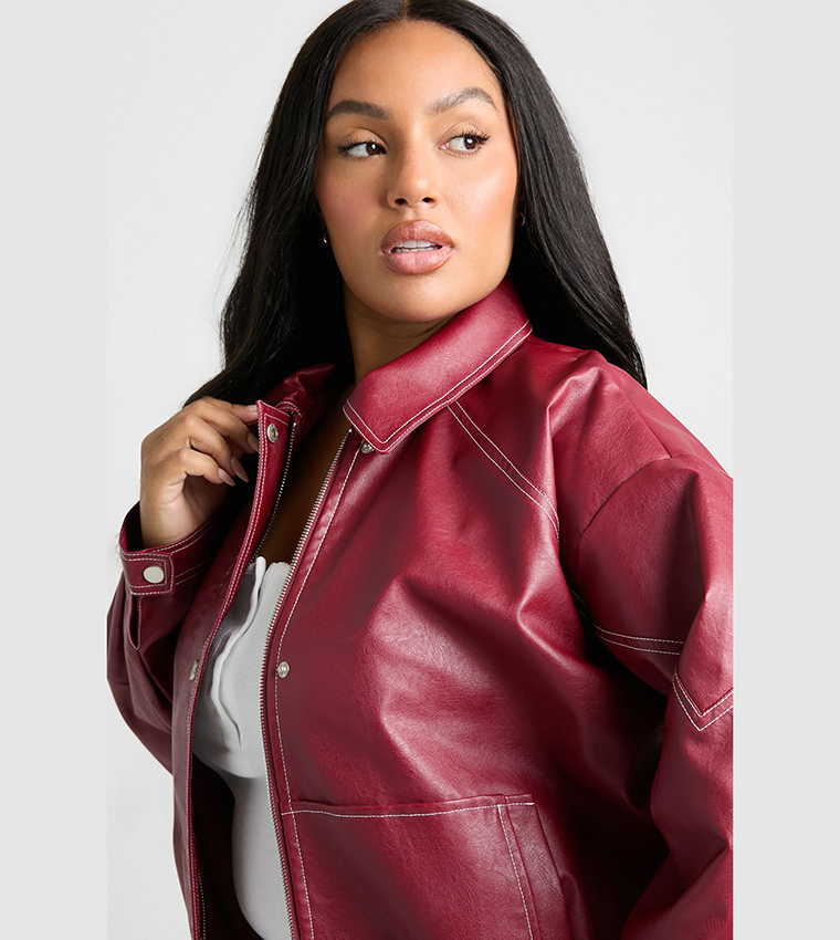 Buy Boohoo Curve Faux Fur Leather Jacket In Red | 6thStreet UAE