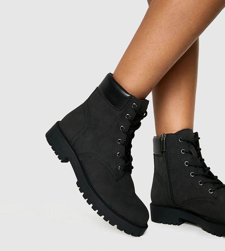 Buy Boohoo Padded Collar Lace Up Hiker Boots In Black | 6thStreet Qatar