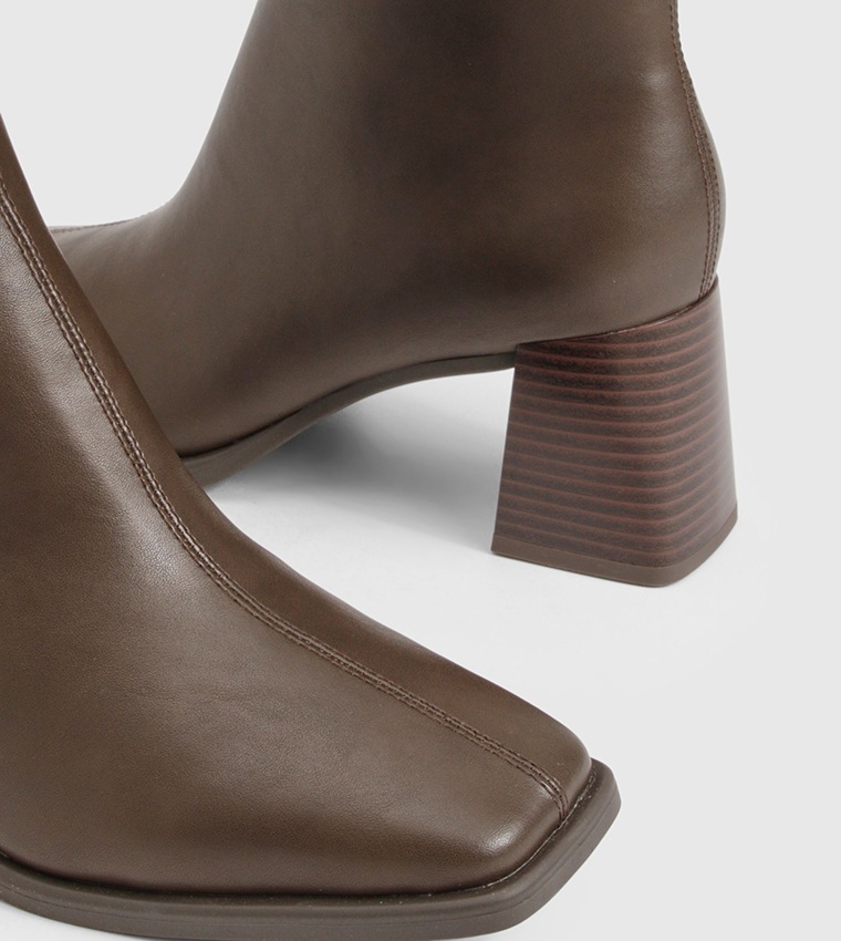 Buy Boohoo Stacked Block Heel Sock Ankle Boots In Brown | 6thStreet UAE