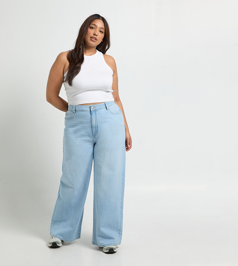 Buy Boohoo Curve High Waist Wide Leg Jeans In Blue | 6thStreet UAE