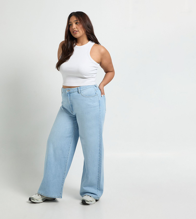 Buy Boohoo Curve High Waist Wide Leg Jeans In Blue | 6thStreet UAE
