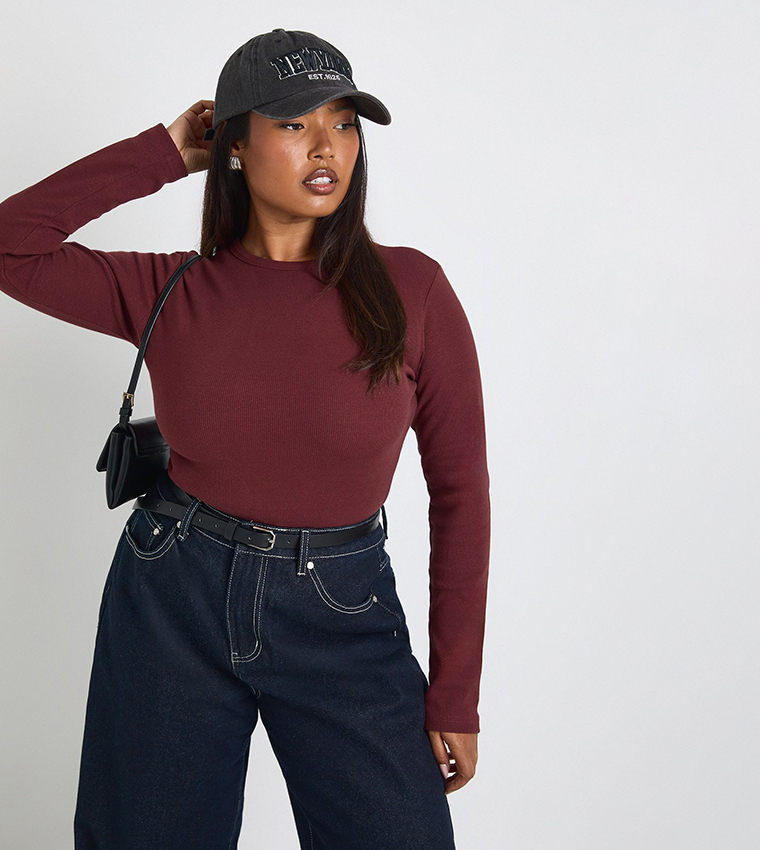 Buy Boohoo Curve Ribbed Long Sleeves Fitted Top In Burgundy | 6thStreet ...