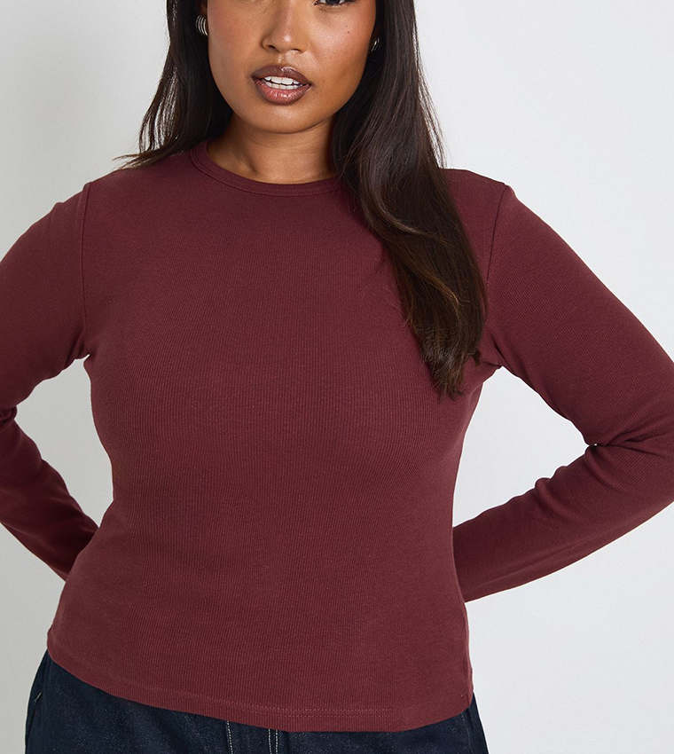 Buy Boohoo Curve Ribbed Long Sleeves Fitted Top In Burgundy | 6thStreet ...