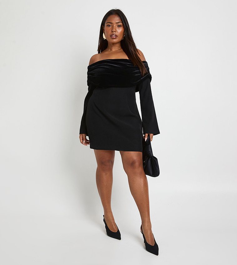 Buy Boohoo Curve Velvet Fold Over Bardot Tailored Mini Dress In Black ...