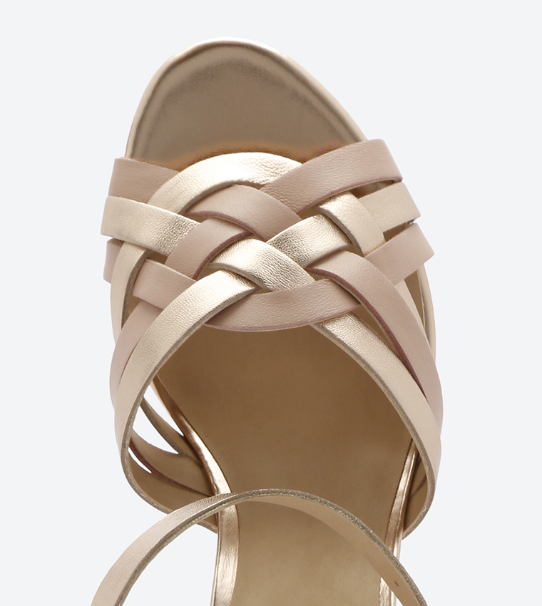 Buy Dune London Woven Lattice Stacked Heel Sandals Rose Gold IMMIGEN In ...