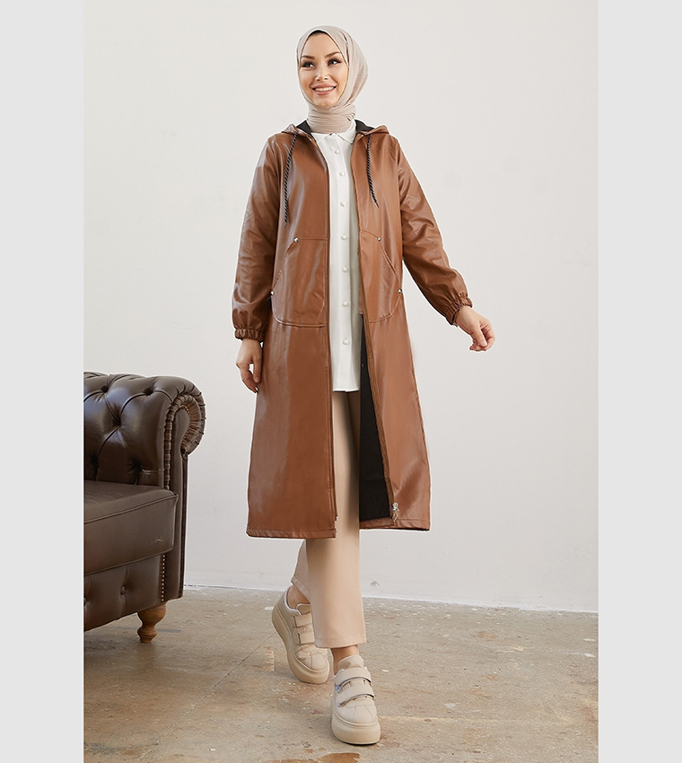 Buy INSTYLE Hooded Leather Long Jacket In Brown | 6thStreet Qatar
