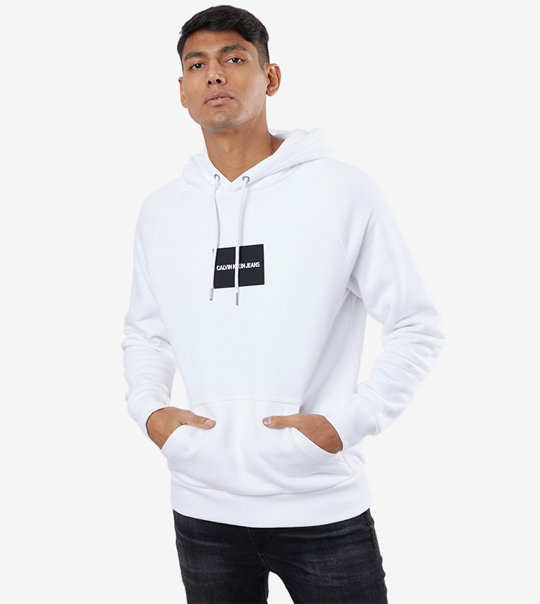 Buy Calvin Klein Long Sleeve Hooded Neck Colour Block Hoody Reg White ...