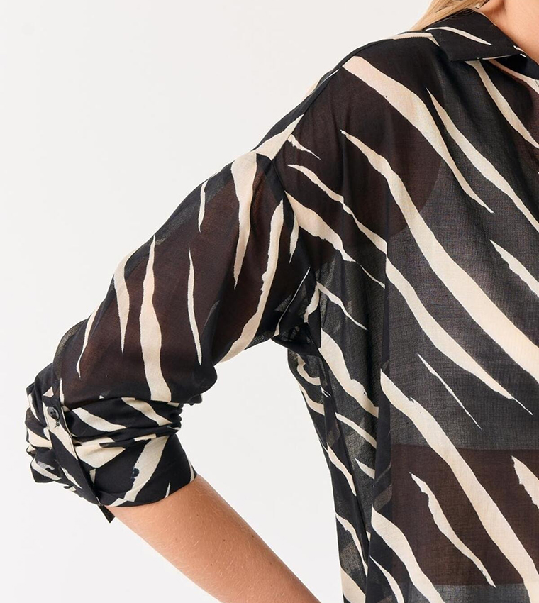 Buy Jimmy Key Printed See Through 3/4Th Sleeves Shirt In Black ...