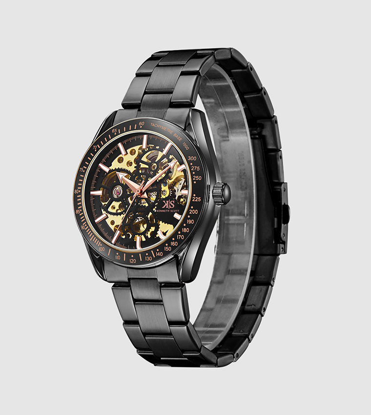 Buy Kenneth Scott Classic Mechanical Black Dial Watch In Black ...