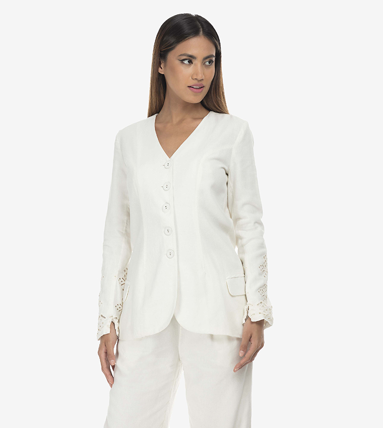 Buy Kayfi Solid Schiffli Jacket In White | 6thStreet UAE