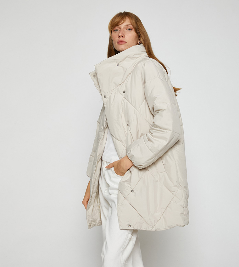 Buy Koton Quilted High Collar Snap Fastener Jacket In Beige | 6thStreet UAE