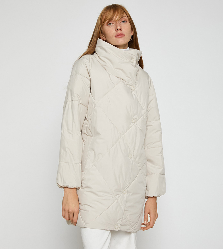 Buy Koton Quilted High Collar Snap Fastener Jacket In Beige | 6thStreet UAE