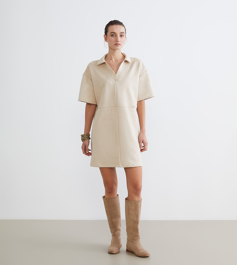 Buy LC Waikiki Solid Collared Short Sleeves Suede Mini Dress In Beige ...