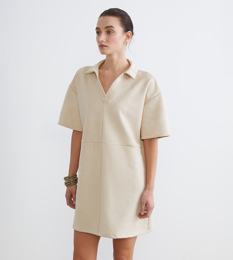 Buy LC Waikiki Solid Collared Short Sleeves Suede Mini Dress In Beige ...