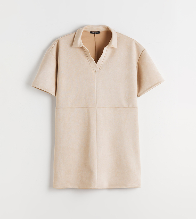 Buy LC Waikiki Solid Collared Short Sleeves Suede Mini Dress In Beige ...