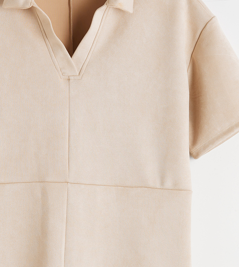 Buy LC Waikiki Solid Collared Short Sleeves Suede Mini Dress In Beige ...