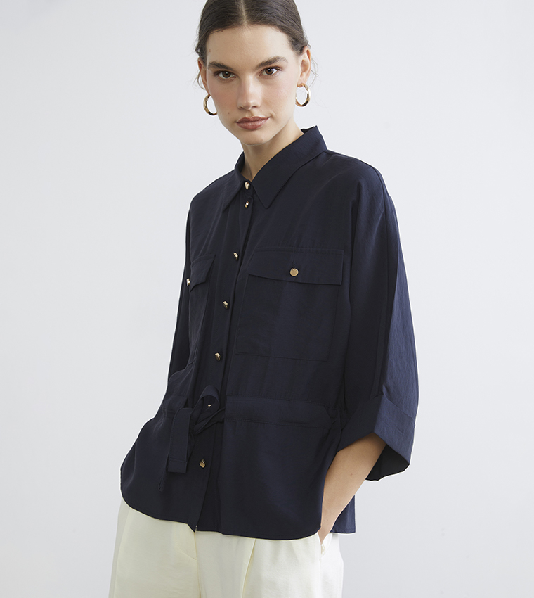 Buy LC Waikiki Pocket Front 3/4 Sleeves Oversized Shirt In Navy ...