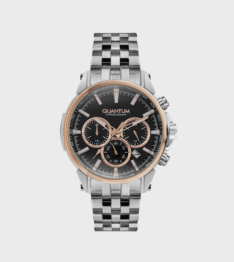 Buy Quantum Black Dial Chronograph Watch With Metal Strap In Silver ...