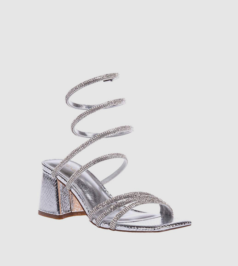Buy Menbur Spiral Ankle Block Heel Sandals In Silver | 6thStreet Kuwait