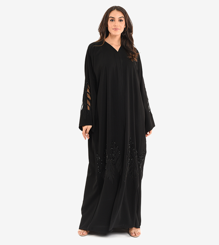 Buy Moistreet Long Sleeve V Neck Abaya Black In Black | 6thStreet Saudi ...