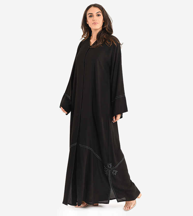 Buy Moistreet Long Sleeve V Neck Abaya Black In Black | 6thStreet UAE