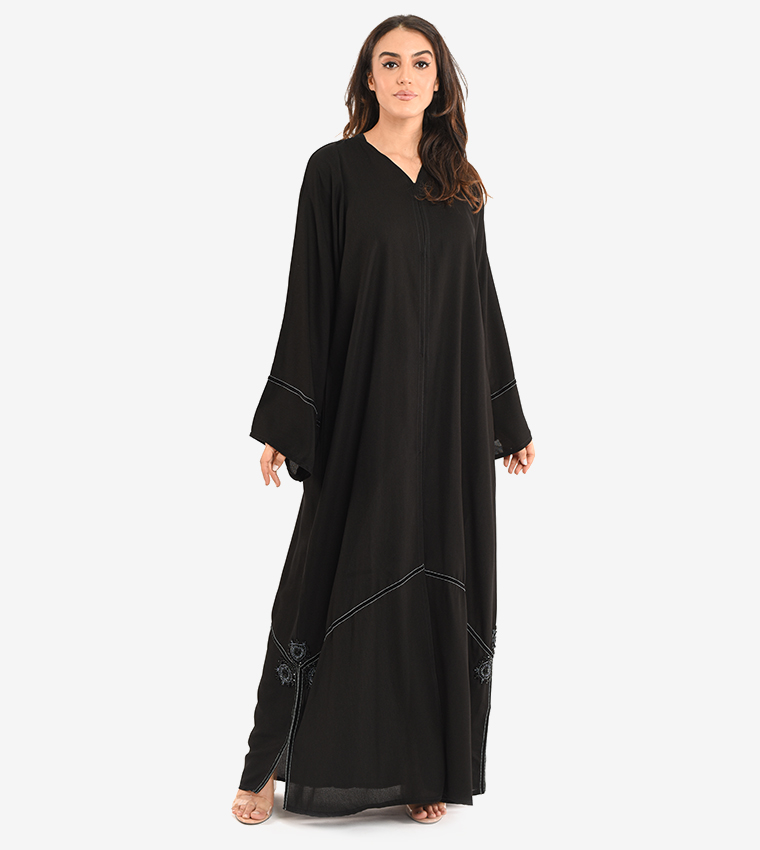 Buy Moistreet Long Sleeve V Neck Abaya Black In Black | 6thStreet UAE