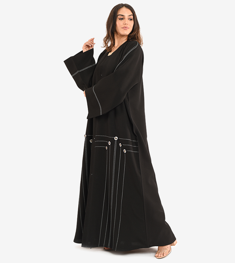 Buy Moistreet Long Sleeve V Neck Abaya Black In Black | 6thStreet UAE