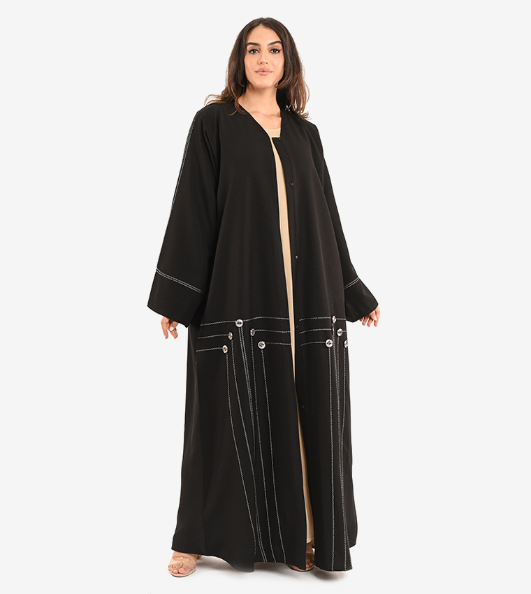 Buy Moistreet Long Sleeve V Neck Abaya Black In Black | 6thStreet UAE
