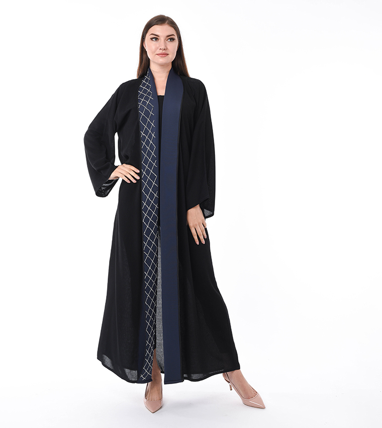 Buy Moistreet Bead Embroidered Shawl Lapel Abaya In Black | 6thStreet UAE