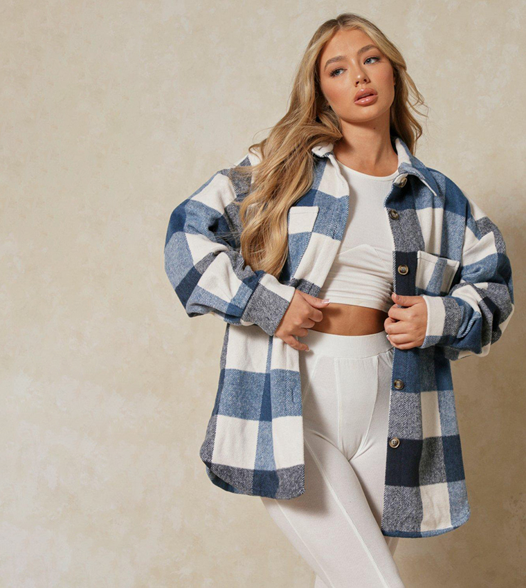 Buy MissPap Brushed Checked Shacket In Blue | 6thStreet Qatar