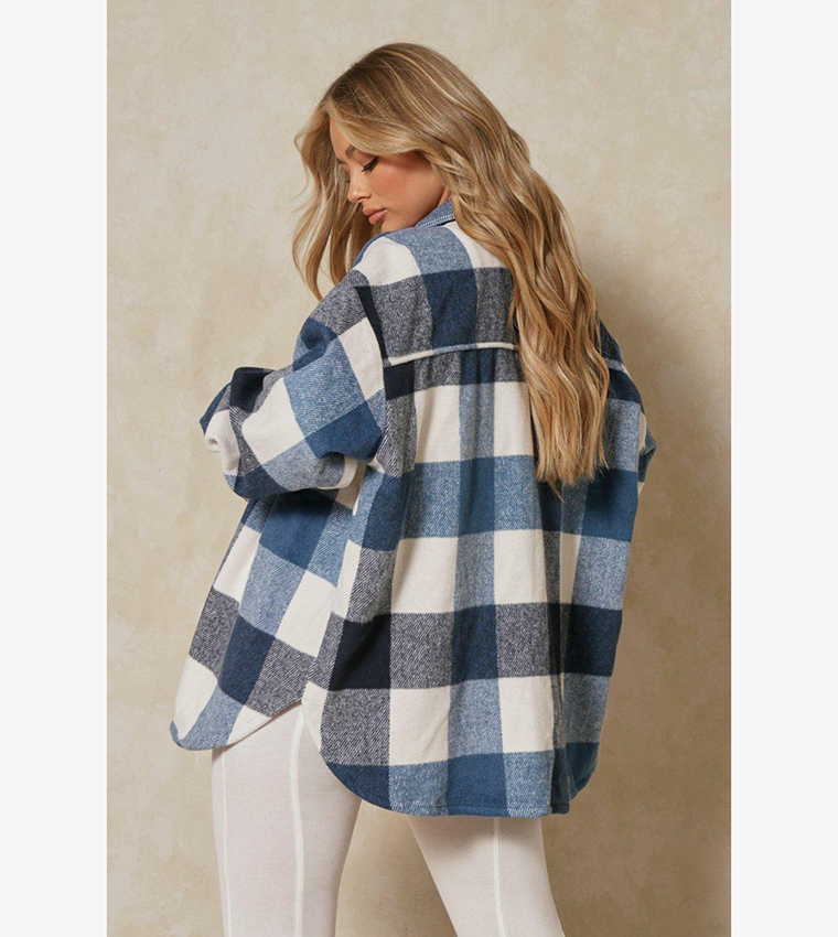 Buy MissPap Brushed Checked Shacket In Blue | 6thStreet Qatar